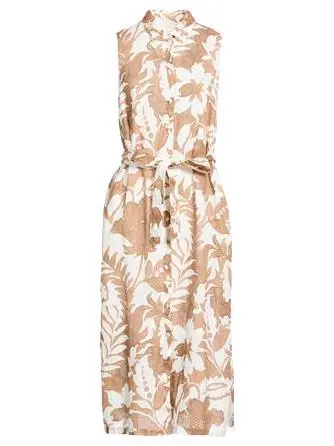 120% Lino Linen Floral Print Midi Shirt Dress - Beige