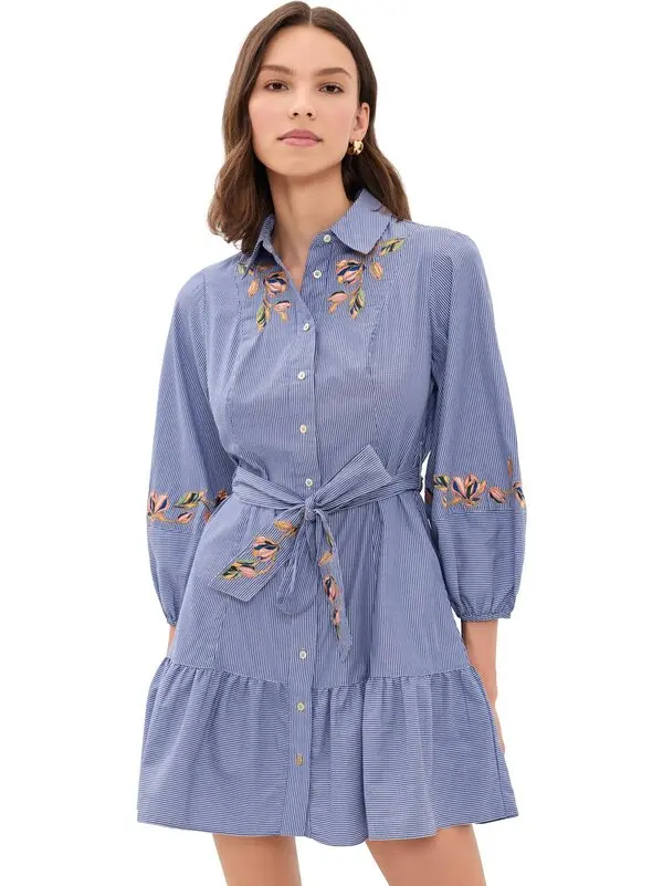 Shoshanna Gwen Embroidered Pinstripe Shirt Dress - Lapis Multi
