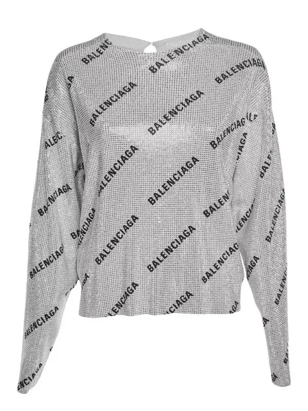 Balenciaga Logo Rhinestone Embellished Wool Sweater - Grey