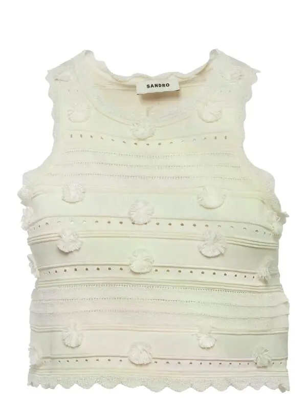 Sandro Pointelle Knit Top With Pom-pom And Cut-out Detail - Neutrals