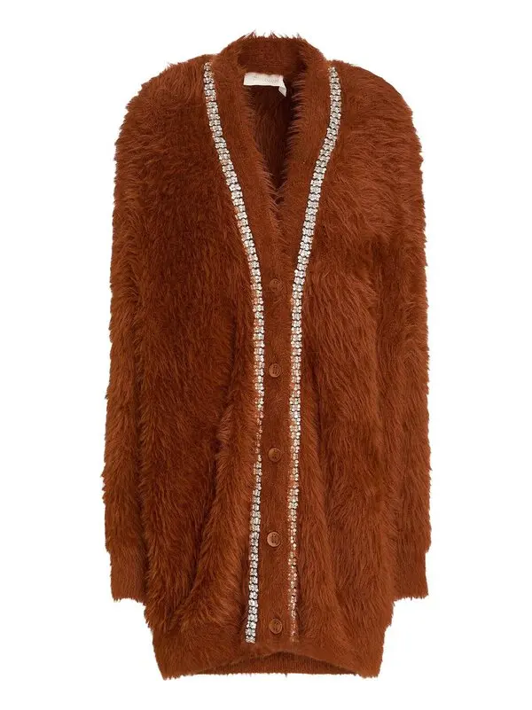 Zimmermann Crystal Embellished Brushed Knitted Cardigan - Brown