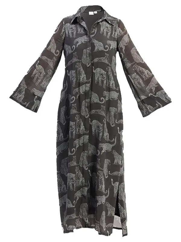 REISTOR Animal Print Maxi Shirt Dress - Black