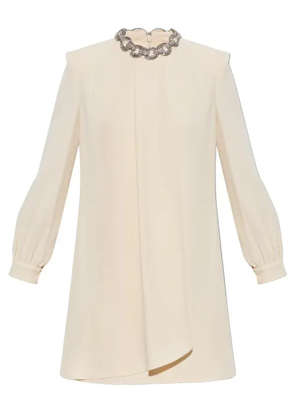 Valentino Garavani Silk Dress With Embellished Collar - Cream