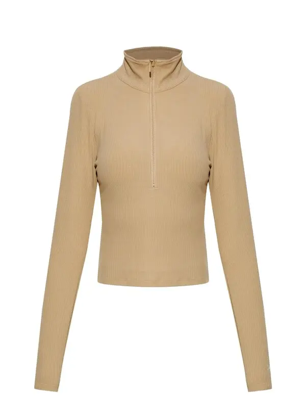 Nike Long Sleeve Ribbed Cropped Top With Stand Collar And Half Zip - Beige