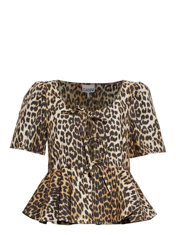 GANNI Leopard Print Puff Sleeve Peplum Top - Brown