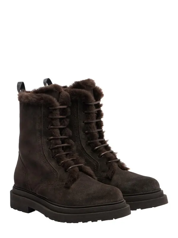 Brunello Cucinelli Monili Shearling-trimmed Suede Lace-up Boots - Brown