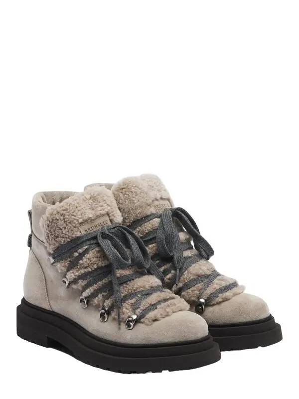Brunello Cucinelli Monili Shearling-trimmed Suede Lace-up Boots - Grey