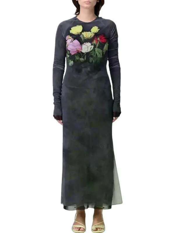 MSGM Floral Print Tulle Maxi Dress - Grey