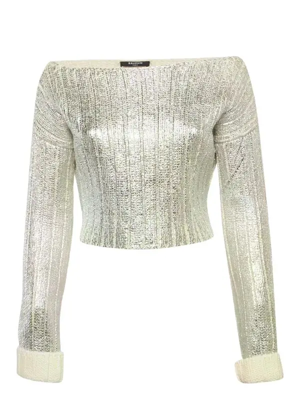 Balmain Ribbed Knit Boat Neck Long Sleeve Sweater - Silver