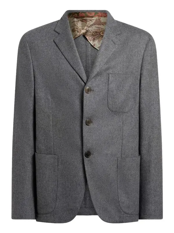 Etro Single-breasted Jacket In Plain-coloured Wool-blend Flannel - Grey