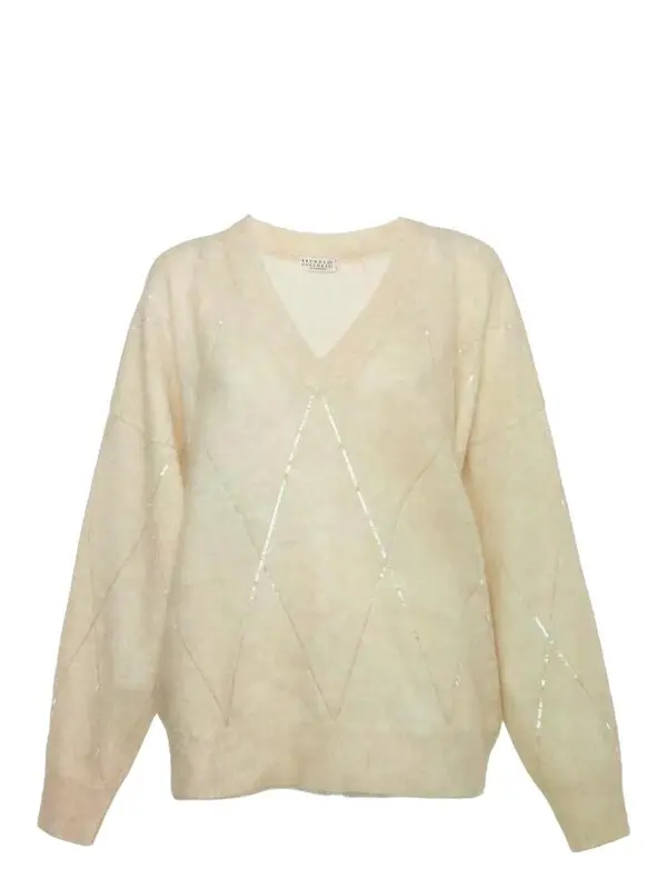 Brunello Cucinelli Sequin-embellished Argyle V-neck Sweater - Neutrals