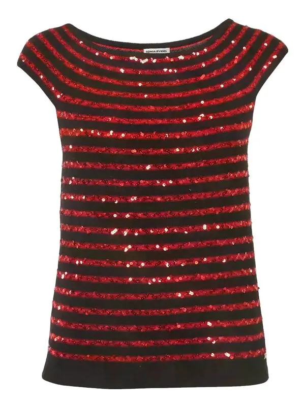 Sonia Rykiel Paris Sequin Embellished Striped Cashmere Top - Red