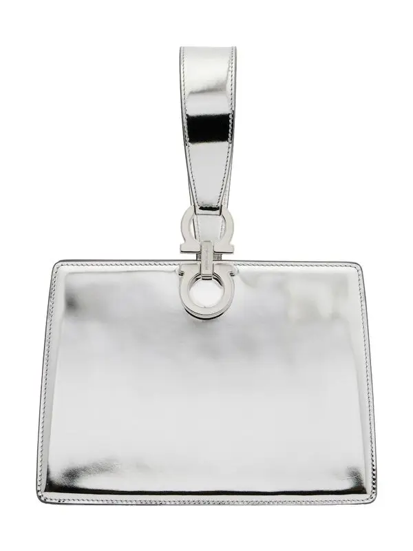 FERRAGAMO Gancini Metallic Leather Clutch - Silver