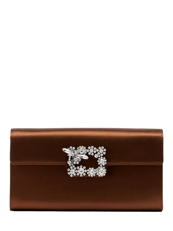 ROGER VIVIER Embellished Satin Clutch - Brown