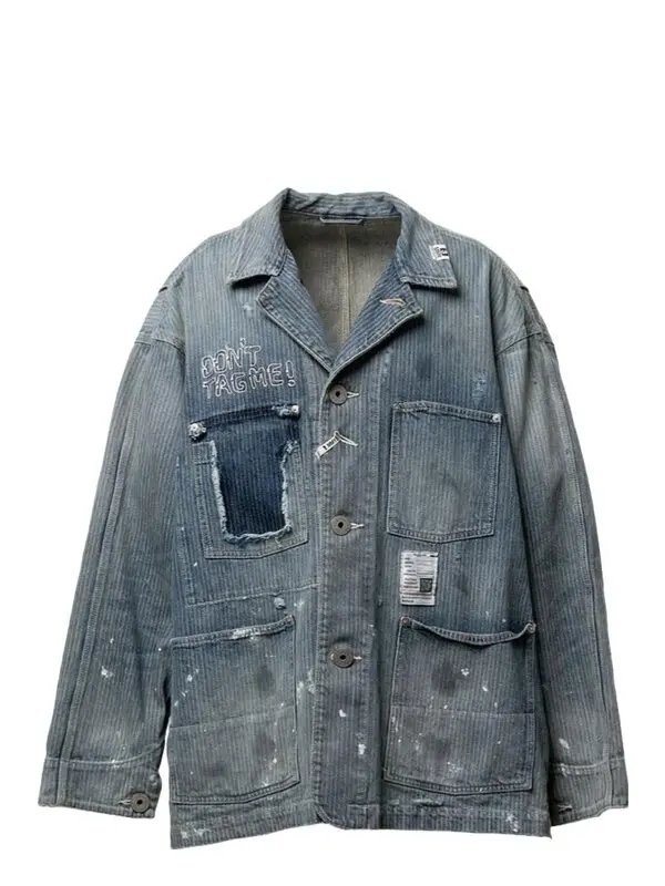 Mihara Yasuhiro Distressed Stripe Pattern Paint Splatter Denim Chore Jacket - Indigo