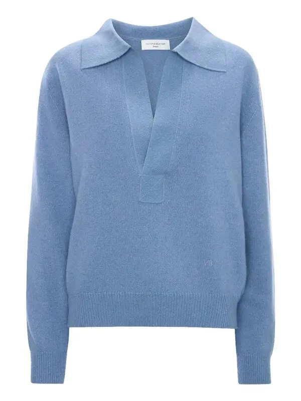 Victoria Beckham Ocean Mist Melange Polo Collar Sweater - Blue