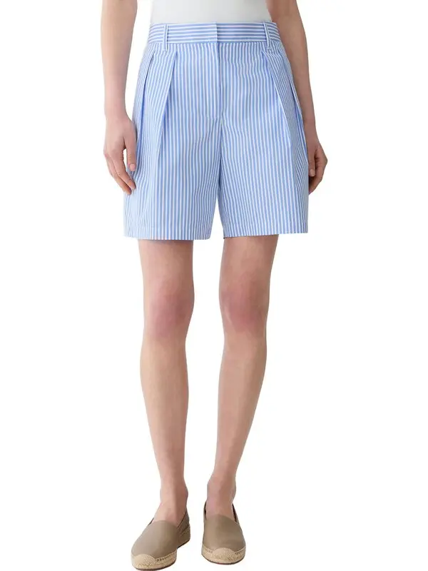 Lafayette 148 New York Striped Cotton Pleated Wide Leg Shorts - Blue Hydrangea Multi