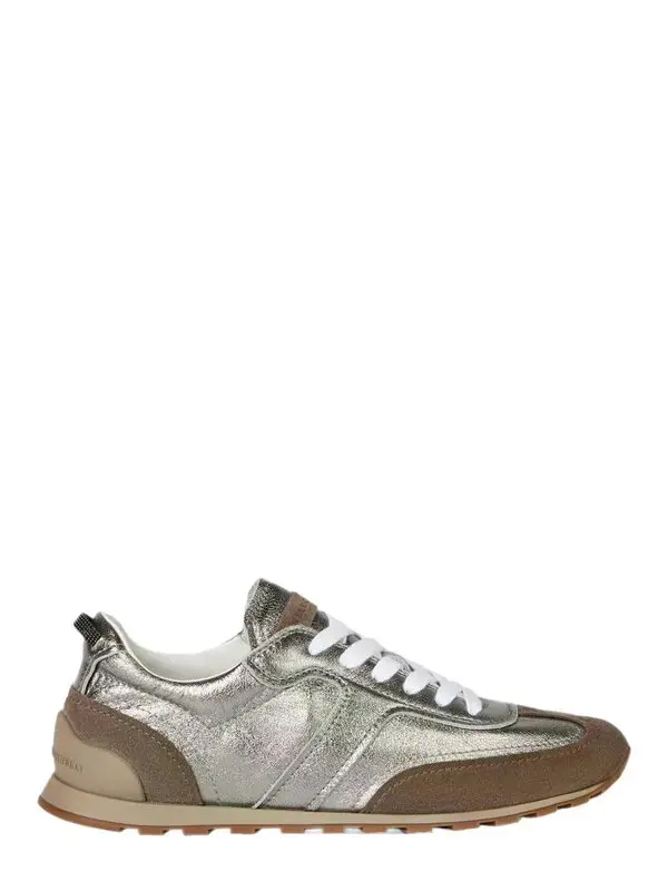 Brunello Cucinelli Lamé Calfskin And Suede Runners With Shiny Loop - Silver