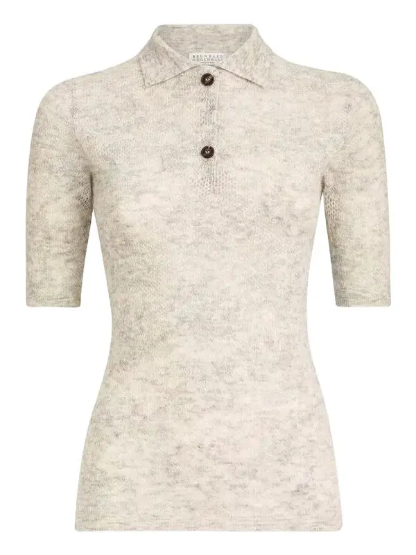 Brunello Cucinelli Silk, Alpaca, And Wool Flower-lace Knit Polo - Neutrals