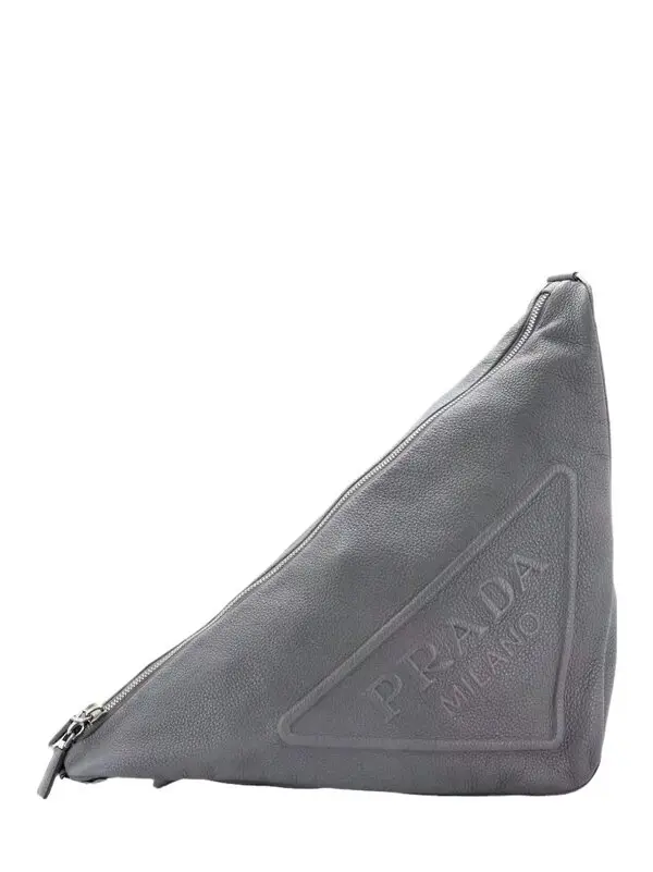 Prada Triangle Logo Zip Messenger Leather Bag - Grey