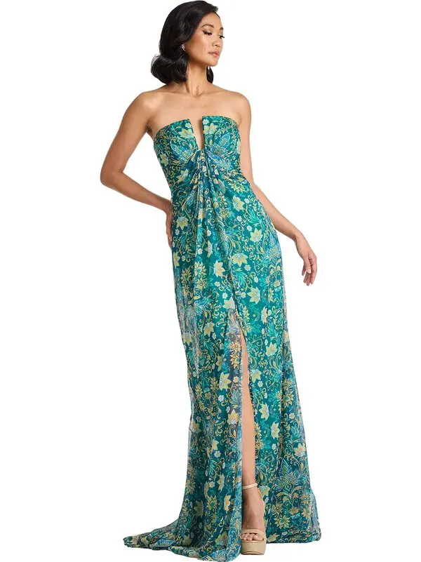 Tadashi Shoji Verica Floral Print Chiffon Strapless Gown - Tea Leaf/multi