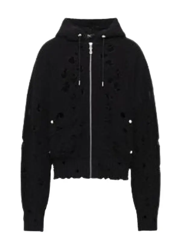 THUG CLUB Destroyed Knit Zip-up Hoodie - Black