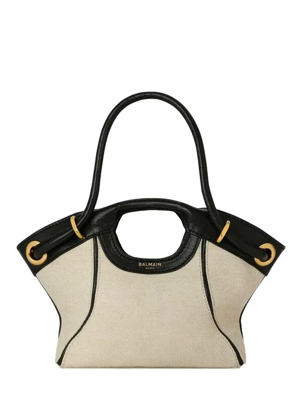 Balmain Small Tote In Smooth Leather And Canvas - Beige