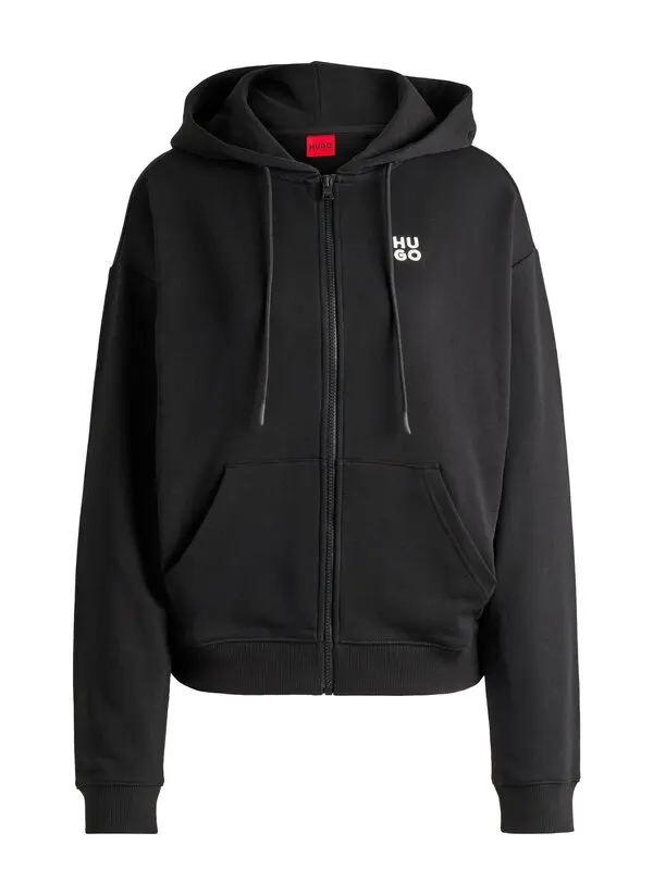 Hugo Cotton-terry Zip-up Hoodie With Stacked-logo Embroidery - Black