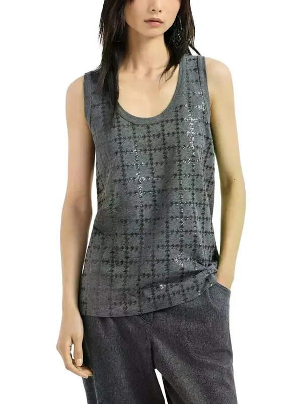 Brunello Cucinelli Cotton Jersey Top With Windowpane Embroidery - Grey