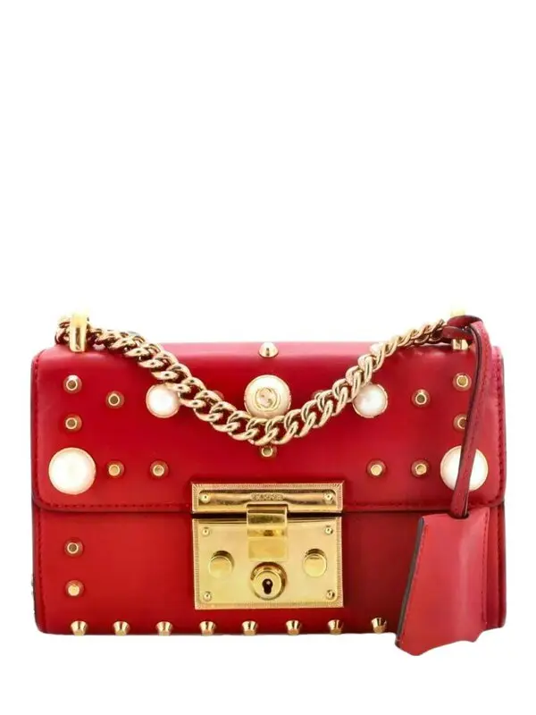 Gucci Pearly Padlock Studded Leather Small Shoulder Bag - Red