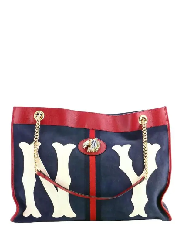 Gucci Rajah Chain Suede Applique Large Tote Bag - Blue