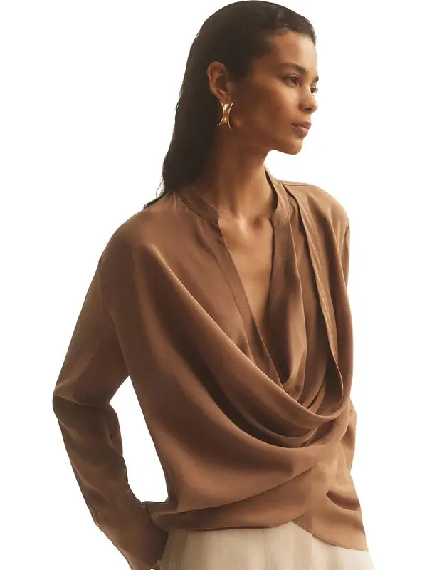 REISS Matte Silk Draped Shirt - Camel