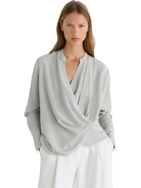 REISS Lauren Matte Silk Draped Shirt - Grey
