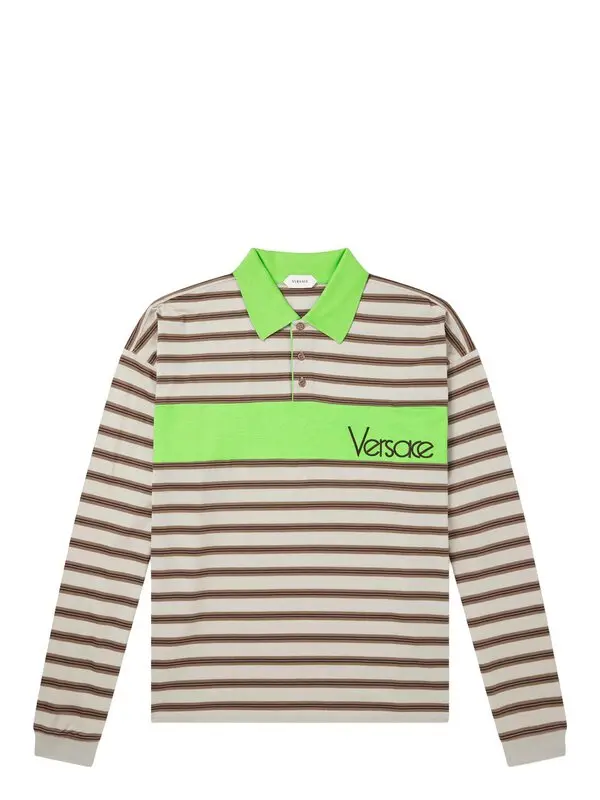 Versace Polo Striped Cotton Jersey Polo Shirt - Neutrals