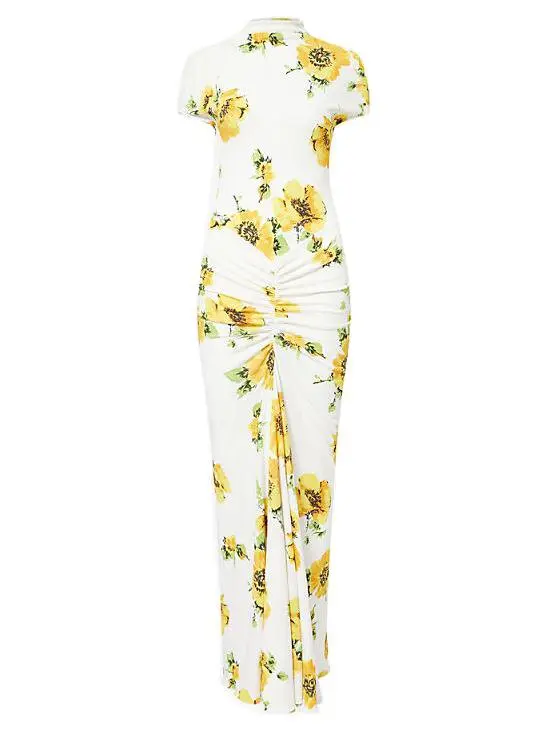 Alaïa Draped Printed Stretch-jersey Maxi Dress - Blanc/jaune