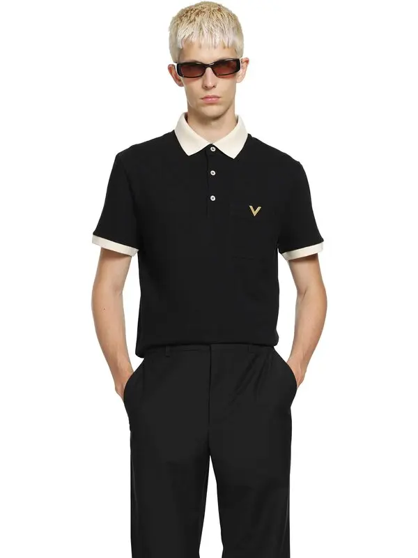 Valentino Garavani Polo Shirt With Vgold Logo - Black