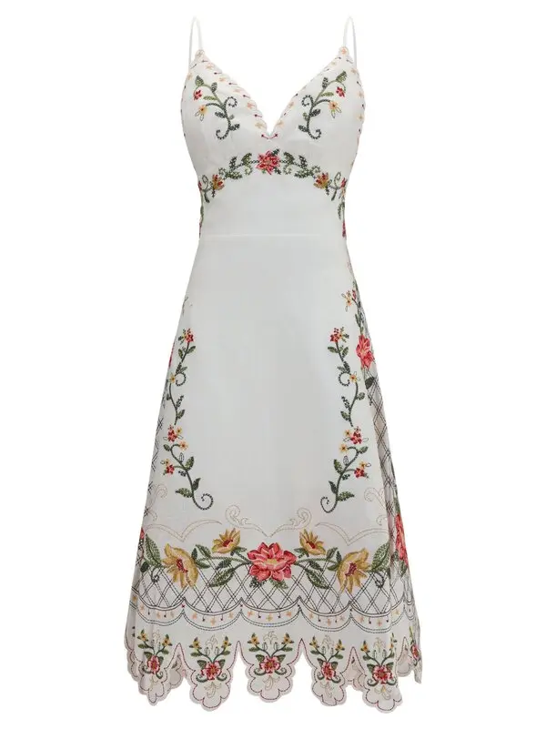 Farm Rio Embroidered Asymmetrical Hem Midi Dress - Multicolour