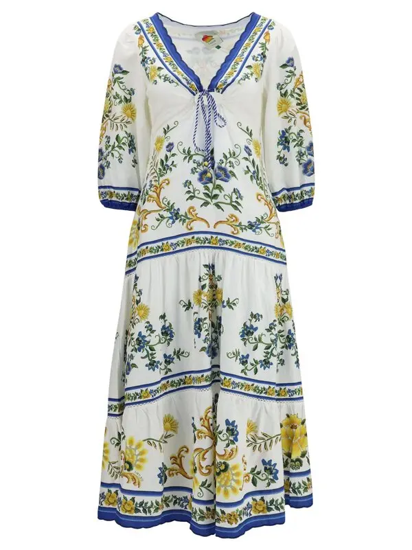 Farm Rio Emily Floral Print Tiered Midi Dress With V-neck And Drawstring - Multicolour