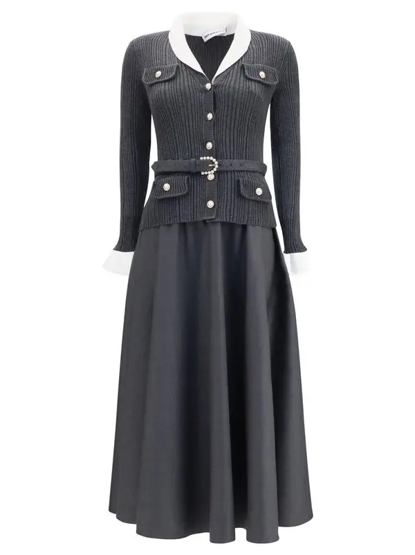 SELF-PORTRAIT Knit And Twill Midi Dress With Pearl Embellished Belt - Grey