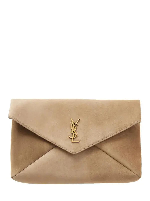 Saint Laurent Cassandre Suede Clutch - Brown