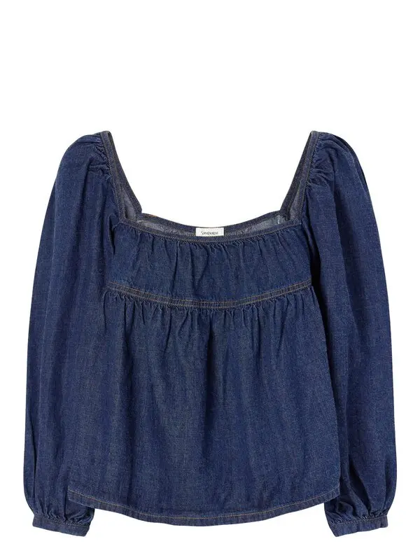 Saint Laurent Gathered Denim Blouse - Blue