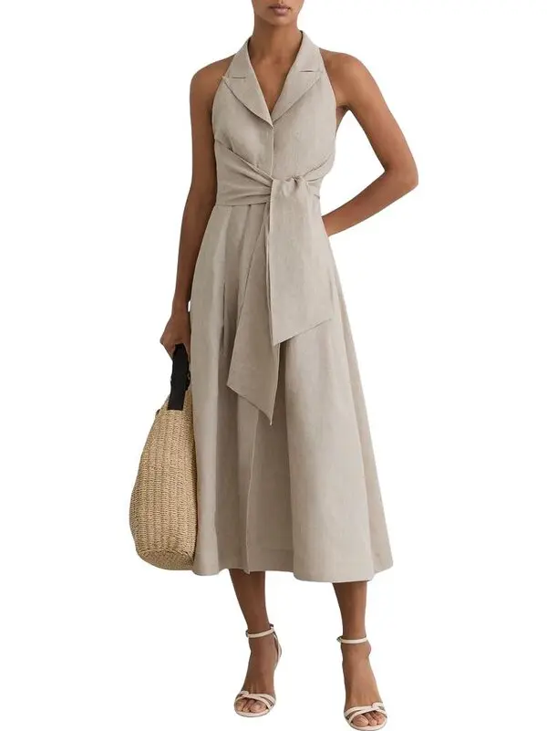 REISS Tara Sleeveless Linen Midi Dress - Neutral