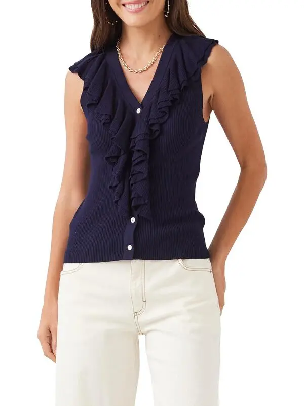 Karen Kane Ruffled Ribbed Knit V-neck Sweater - Navy