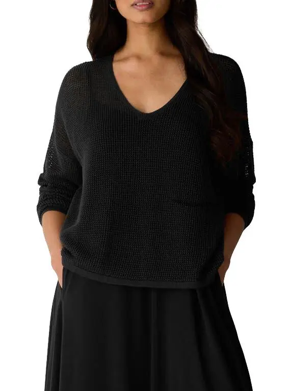 Eileen Fisher V-neck Open Knit Sweater - Black