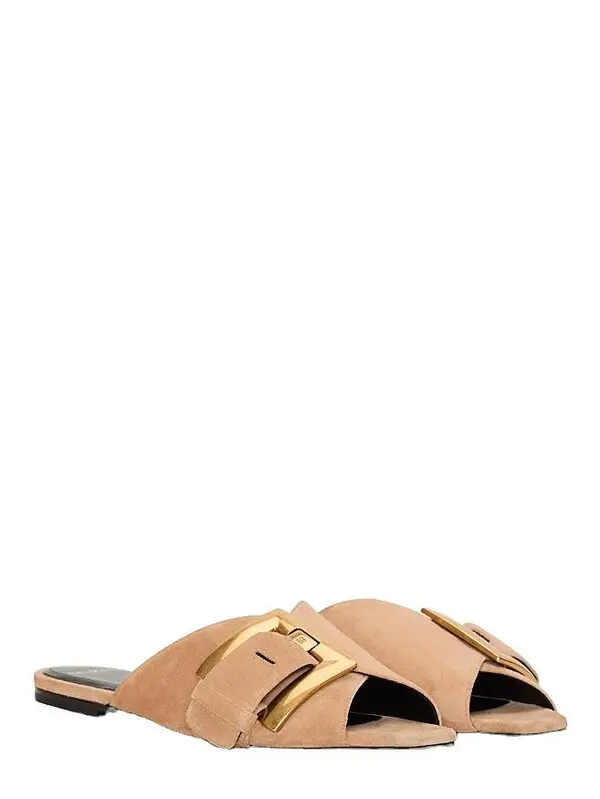 Balmain Flat Suede Leather Anthem Mules With Buckle Detailing - Beige