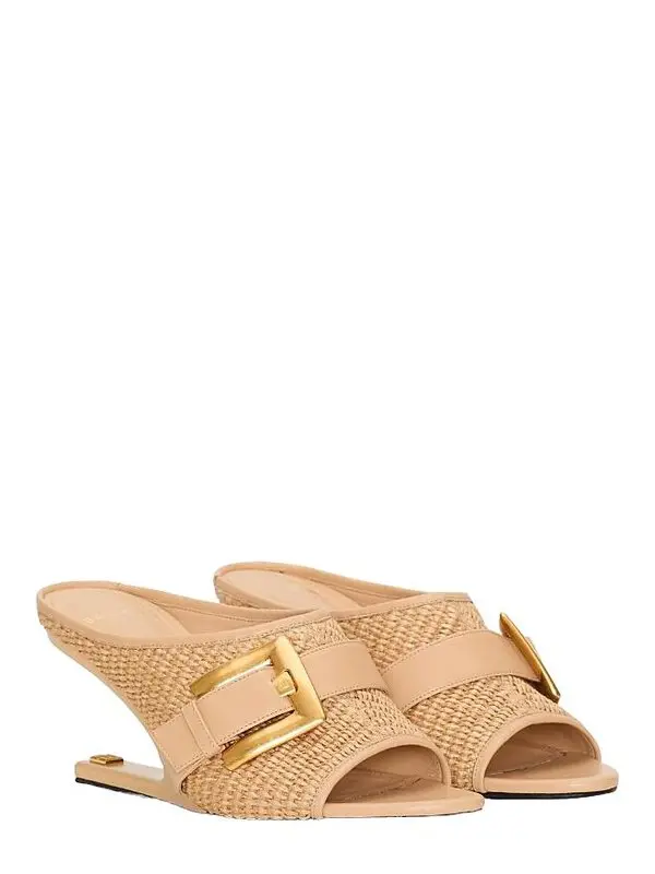 Balmain Anthem No Wedge Mules In Smooth Leather And Raffia - Beige