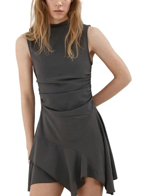 Mango Ruched Asymmetric Hem Minidress - Charcoal