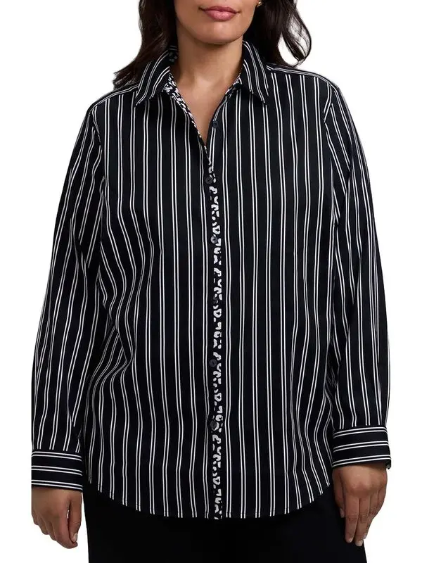 Foxcroft Charlie Striped Cotton Shirt With Animal Print Trim - Black/white