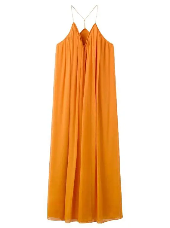 Mango Flowy Chiffon Maxi Dress With Deep V-neck And Strappy Racerback - Orange