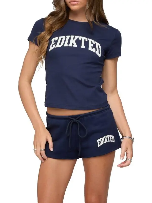 EDIKTED Cropped T-shirt With Logo Print - Navy